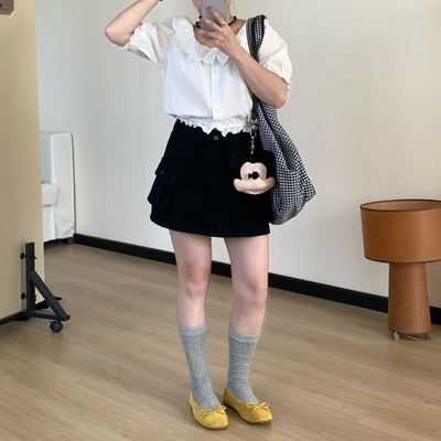 Omang桃喜 防走光内衬工装牛仔短裙女夏季黑色显瘦弹力短款半身裙