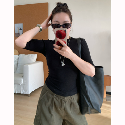 Omang桃喜 弹力修身五分中袖T恤女春夏高级感显瘦正肩紧身上衣