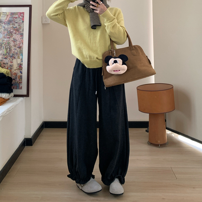 Omang桃喜 加绒加厚小个子花苞裤女冬甜酷松紧腰显瘦设计感灯笼裤