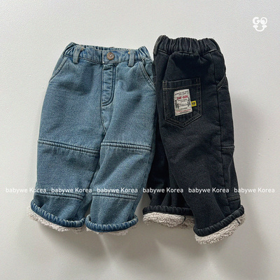 GOU▲BabyWe韩国代购25冬新儿童加厚加绒百搭保暖拼缝牛仔裤