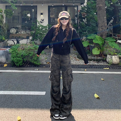 美式复古迷彩工装裤高腰直筒裤