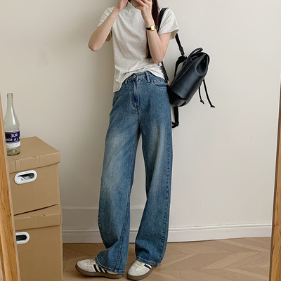 直筒显瘦牛仔裤复古窄版阔腿裤