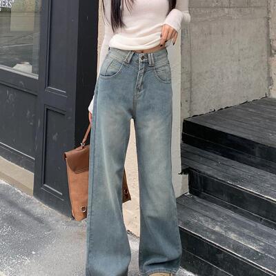 2024新款复古蓝直筒牛仔裤阔腿裤
