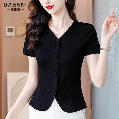 简约百搭黑色V领短袖t恤