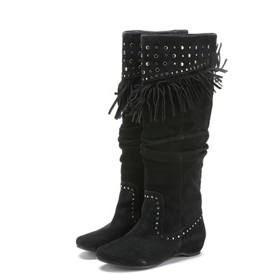 小码真皮长靴子女黑色磨砂牛皮流苏圆头内增高低跟套筒SSA4SK9561