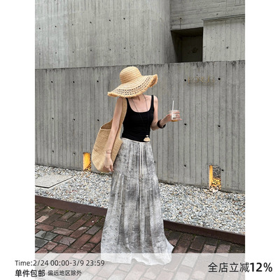 MUCCHIC/水墨晕染天丝印花系带半身裙2025夏季度假风a字抽绳长裙