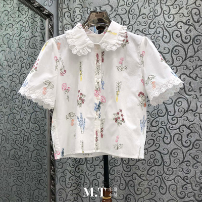 米兰小镇南油高版欧货小资清新彩线刺绣花卉花边翻领短袖衬衫A16