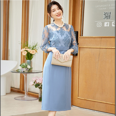 新款拼接连衣裙女士夏季蕾丝长裙子春秋气质优雅显瘦小礼服88602