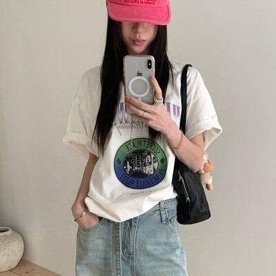 TABLE-头潮流做旧渐变徽章印花春夏百搭宽松休闲显瘦短袖T恤99573