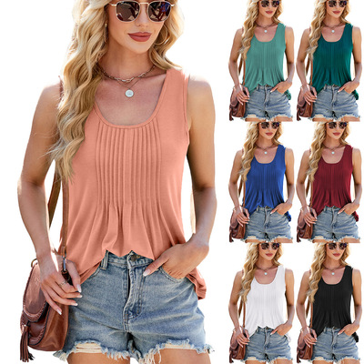 2025 Summer New Striped Pleated Loose Tank T-Shirt for Women