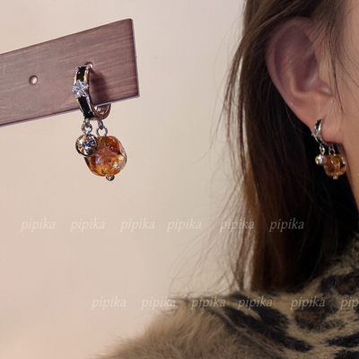 pipi原创复古小众琥珀琉璃球球耳扣耳环女高级个性耳钉耳饰甜美