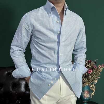 轻薄时尚男士亚麻衬衣一片领
