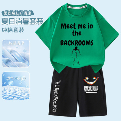 后室游戏backrooms周边男童短袖t恤夏季儿童短裤套装T恤薄款上衣