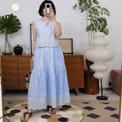 直播间选新 苔丝 全棉刺绣提花背心半身裙套装