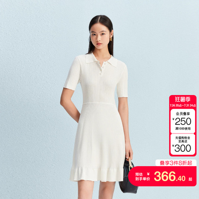 vq区绫致Vero Moda连衣裙秋冬新翻领仿珍珠纽扣竖坑条针织裙
