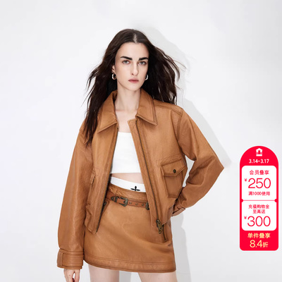 绫致ONLY秋冬新款潮酷风做旧翻领口袋短款皮衣外套女时尚