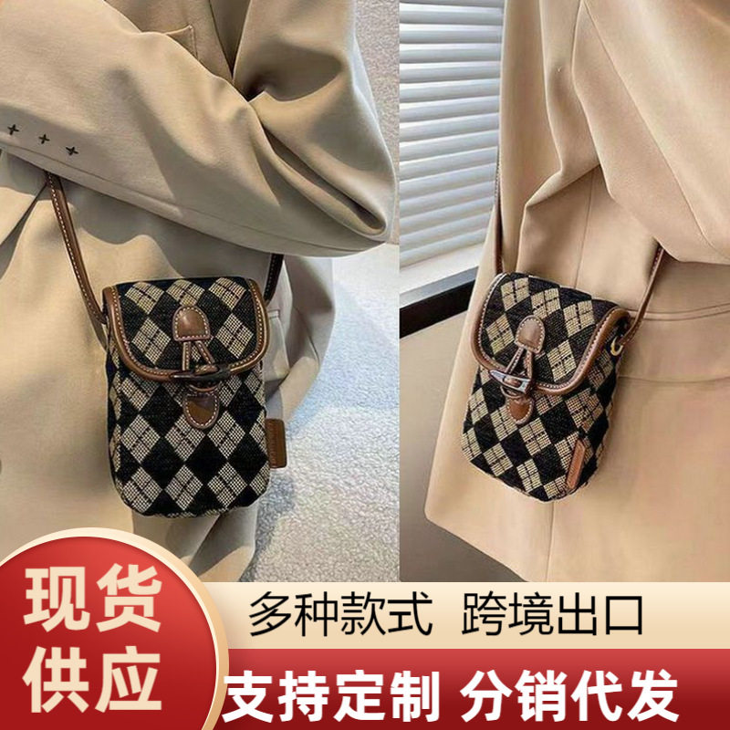 ins包帆布格子包手机包通勤竖款小包包女斜挎小方包单肩简约百搭