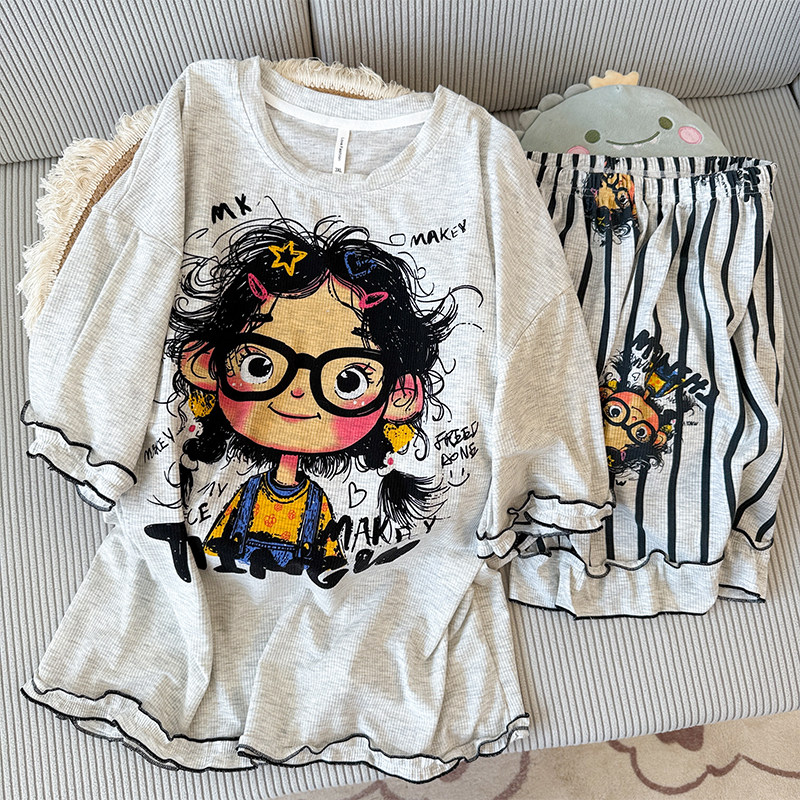 甜美少女花边睡衣女2026新款夏季家居服冰丝螺纹短袖短裤套装外穿