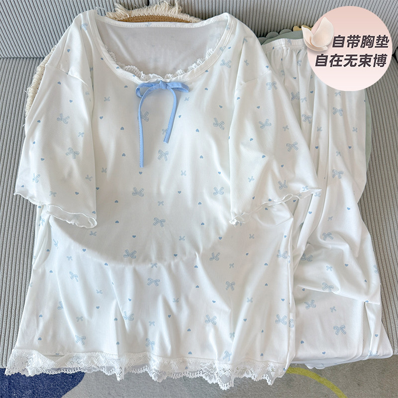 夏季睡衣女短袖长裤套装蝴蝶结冰丝螺纹凉感带胸垫甜美夏天家居服