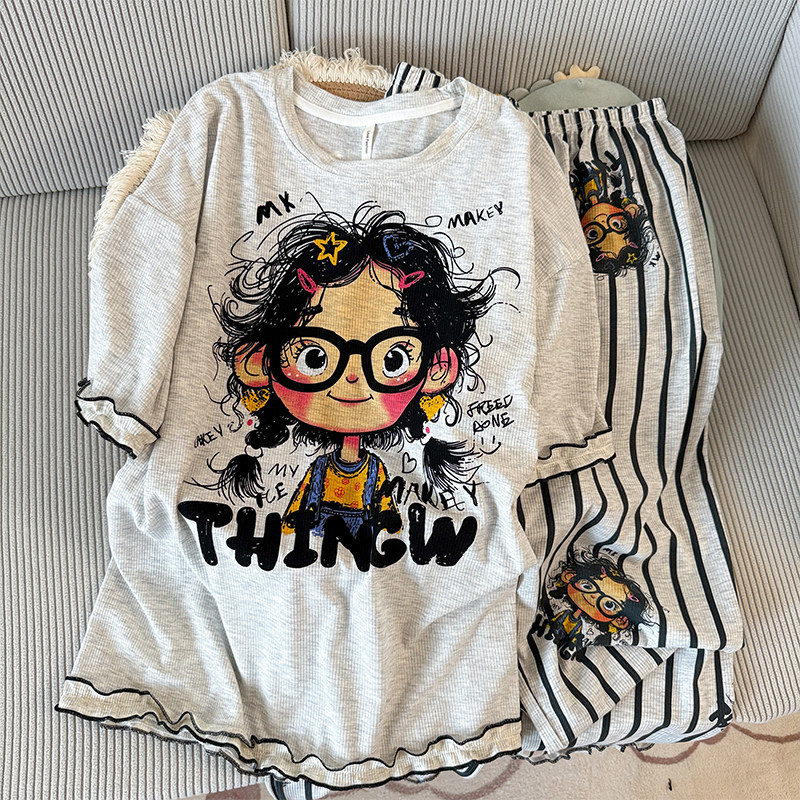 可爱卡通印花甜美短袖长裤套装睡衣女夏季新款冰丝螺纹休闲家居服