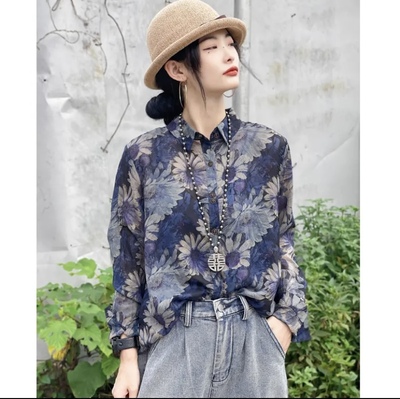 长袖丝麻褶皱上衣欧货宽松