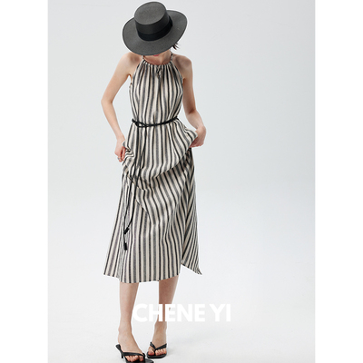 CHENE YI亚麻条纹宽松茧型慵懒松弛无袖度假连衣裙子女夏连身裙