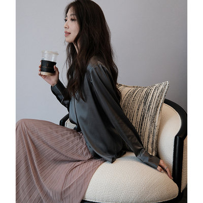 通勤简约单排扣长袖真丝衬衫