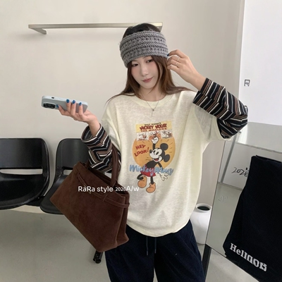 RARA STYLE2026秋季卡通米奇印花宽松条纹拼接假两件圆领长袖T恤