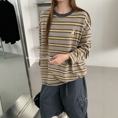 RARA STYLE2026秋季韩版刺绣卡通美式条纹宽松慵懒风圆领长袖T恤