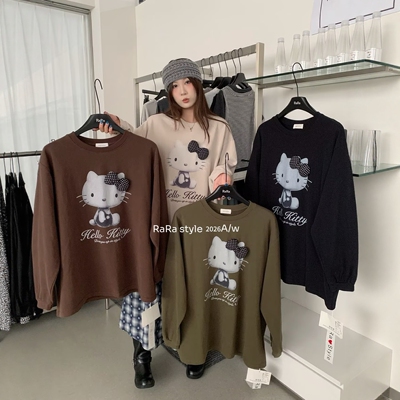 RARA 2026秋冬韩版卡通hello Kitty可爱印花磨毛大版圆领长袖T恤
