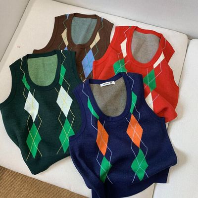 trustme针织毛衣马甲菱格纹