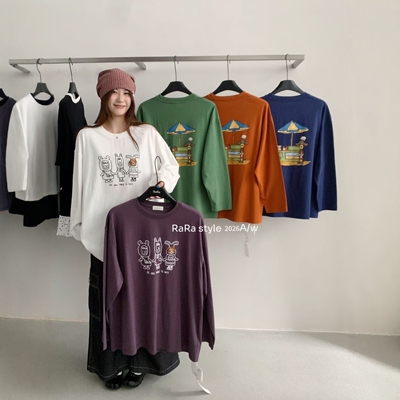 RARA STYLE2026秋季韩版慵懒风卡通刺绣印花宽松全棉圆领长袖T恤