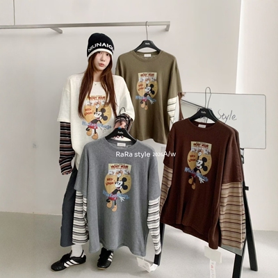 RARA STYLE2026秋季卡通米奇印花宽松条纹拼接假两件圆领长袖T恤