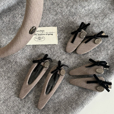 韩国灰色系发夹黑丝带小蝴蝶结银标复古鸭嘴夹BB夹发箍发饰