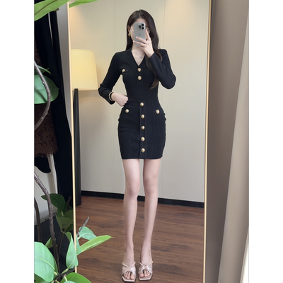 气质黑色小香风针织连衣裙