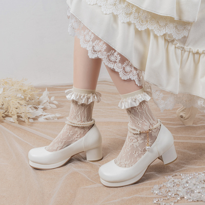 lolita白色仙女风女学生洛丽塔鞋珍珠表演鞋434548大码女生高跟鞋