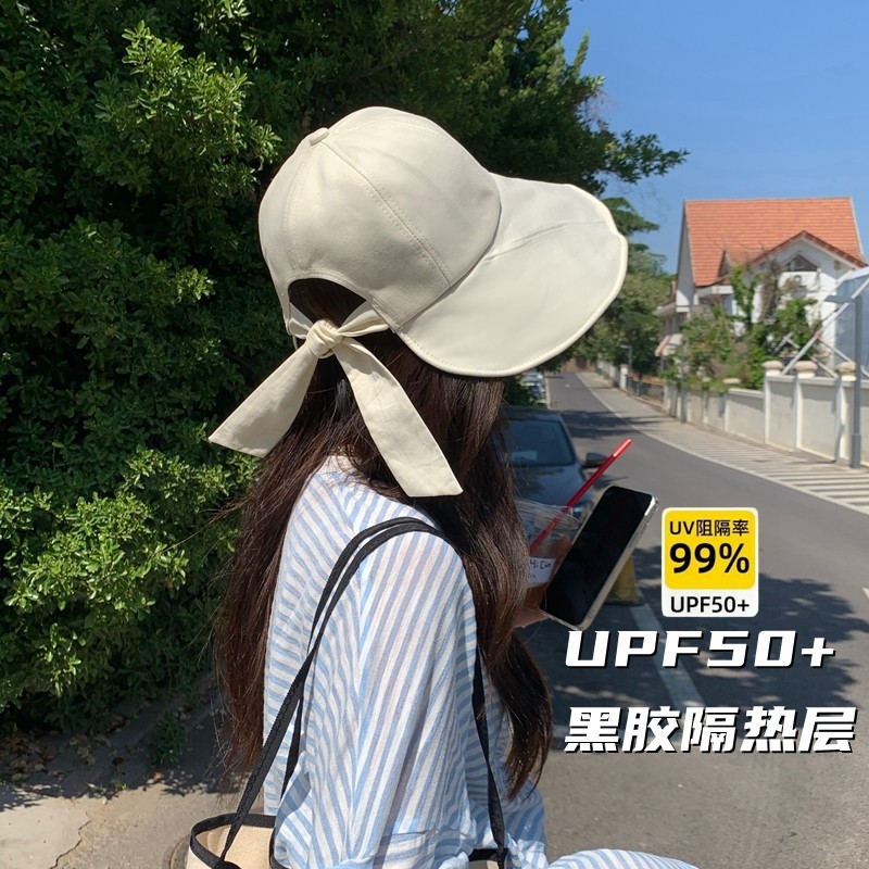 遮阳帽子女蝴蝶结防晒帽防紫外线夏季遮脸黑胶大檐太阳帽渔夫帽