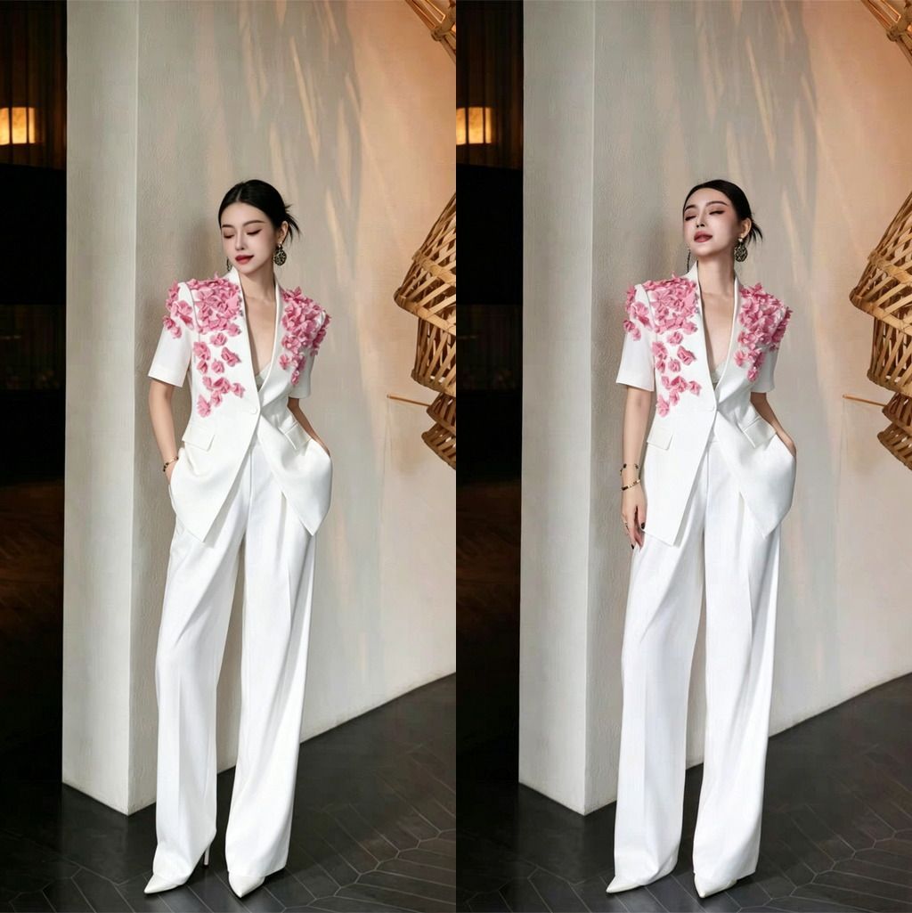 夏日清新彩色系高级感立体花装饰短袖西装长裤套装轻熟女神范穿搭