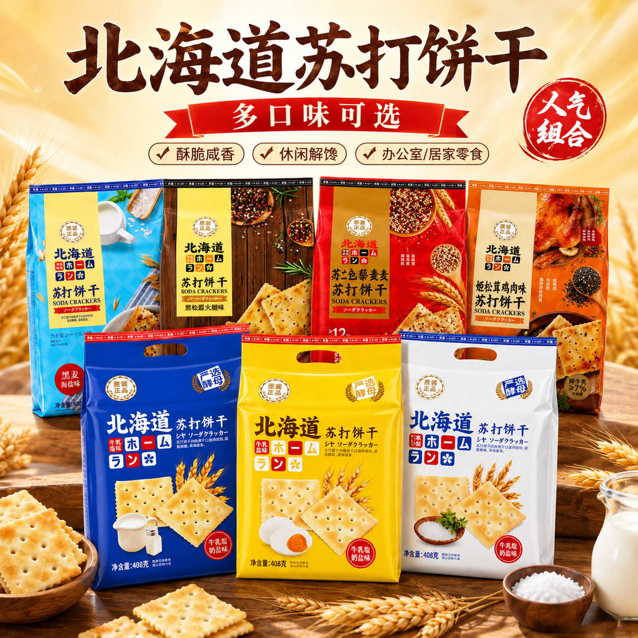 本垒北海道奶盐苏打饼干黑松露火腿木糖醇梳打饼休闲食品小零食