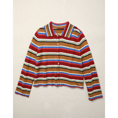 TANG TOWN 高阶工艺单品 多色编织 100%精梳纯棉 油画感条纹开衫