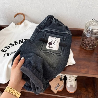 不二妈儿童弹力牛仔裤加绒卡通潮