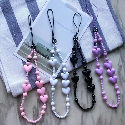 赵露思宋智雅同款黑粉纯色爱心手机挂绳便携手腕绳串珠挂饰手机壳