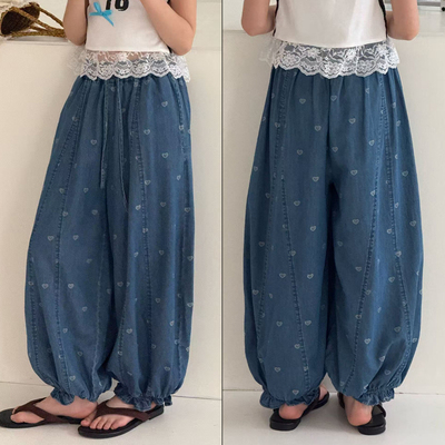 大E小e童装2026夏季新款女童韩版纯棉花苞裤爱心印花牛仔长裤9285