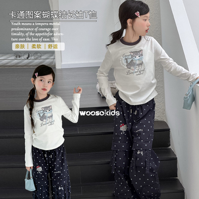 WOOSO吾束童装2026秋季款女童韩版卡通猫咪印花百搭长袖T恤35300