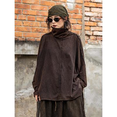 疯子张25秋款单层领口多扣复古堆堆领针织T恤#08559