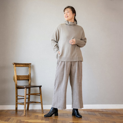 半松紧腰六粒扣灯芯绒阔腿裤大码