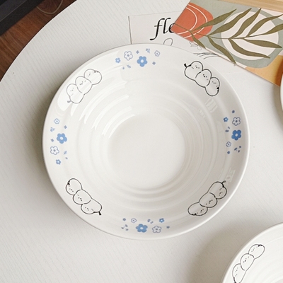 可爱小蓝花山雀陶瓷盘子日式斗笠碗面碗家用菜盘饭盘沙拉盘牛排盘