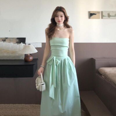 纯欲法式薄荷绿无袖抹胸连衣裙