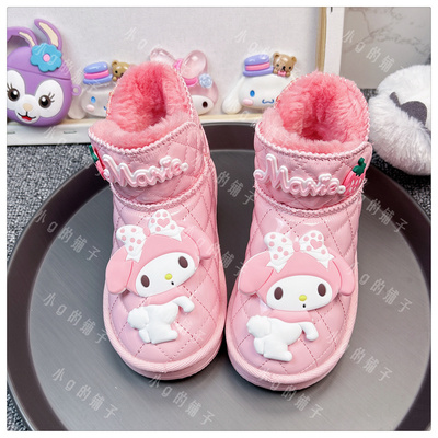 2023冬季新款儿童雪地靴卡通美乐蒂保暖鞋加绒女宝可爱一脚蹬短