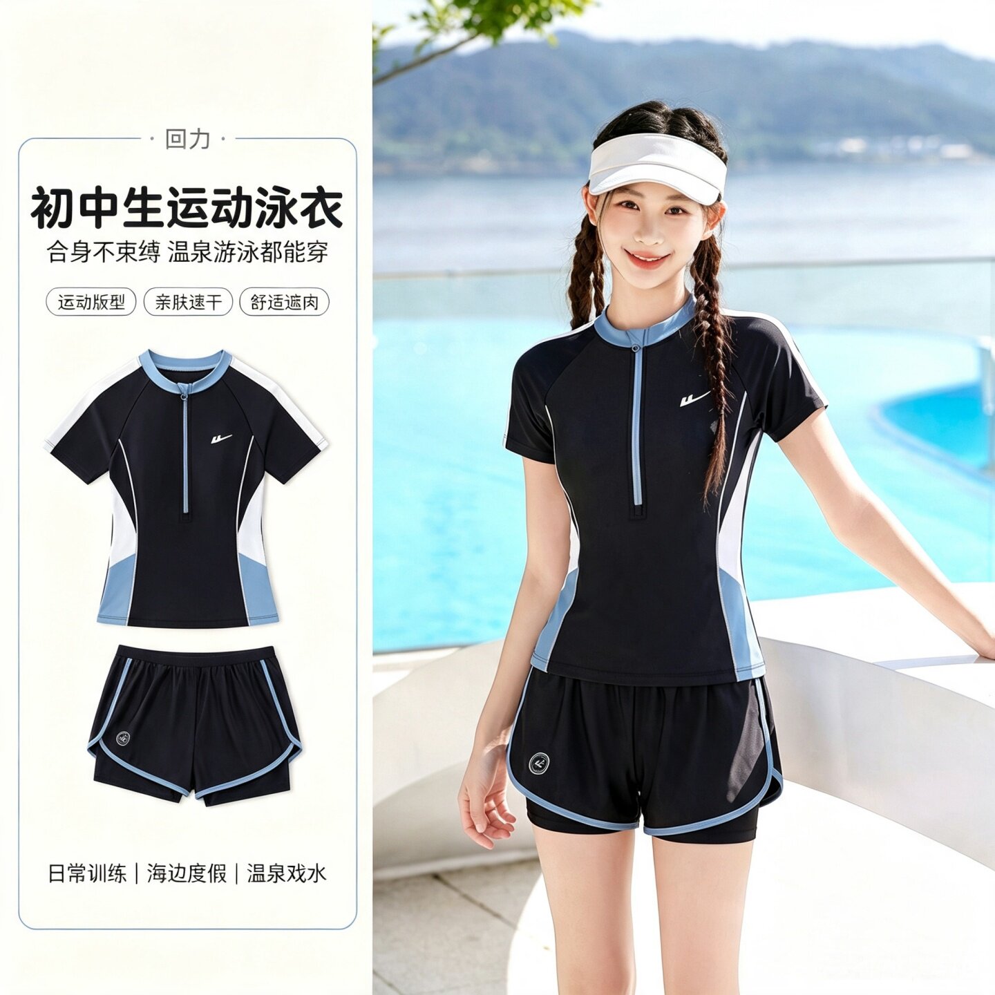 回力少女分体泳衣女初中生保守短袖平角泳装学生温泉运动游泳套装